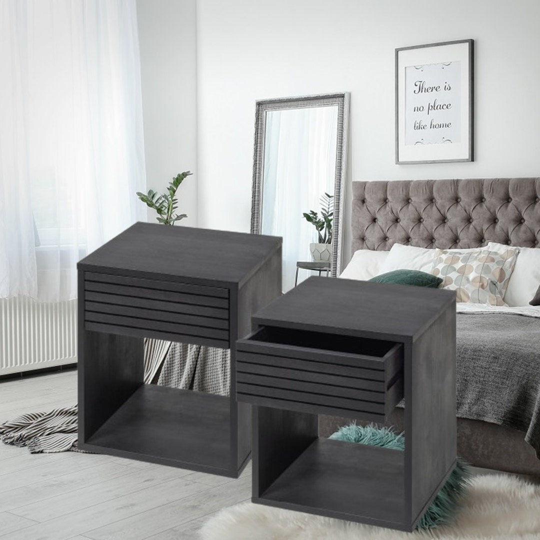 Bedroom Set of 2 Black Nightstands With Drawers and Solid Wood ...