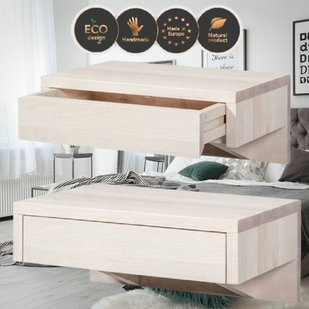 White Solid Beech Hardwood Floating Nightstand Set of 2 With Drawer ...