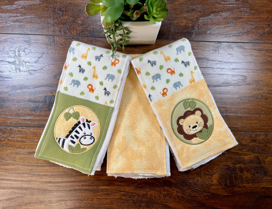 Safari Burp Cloth Set: Embroidered Lion & Zebra, Organic Flannel - Etsy