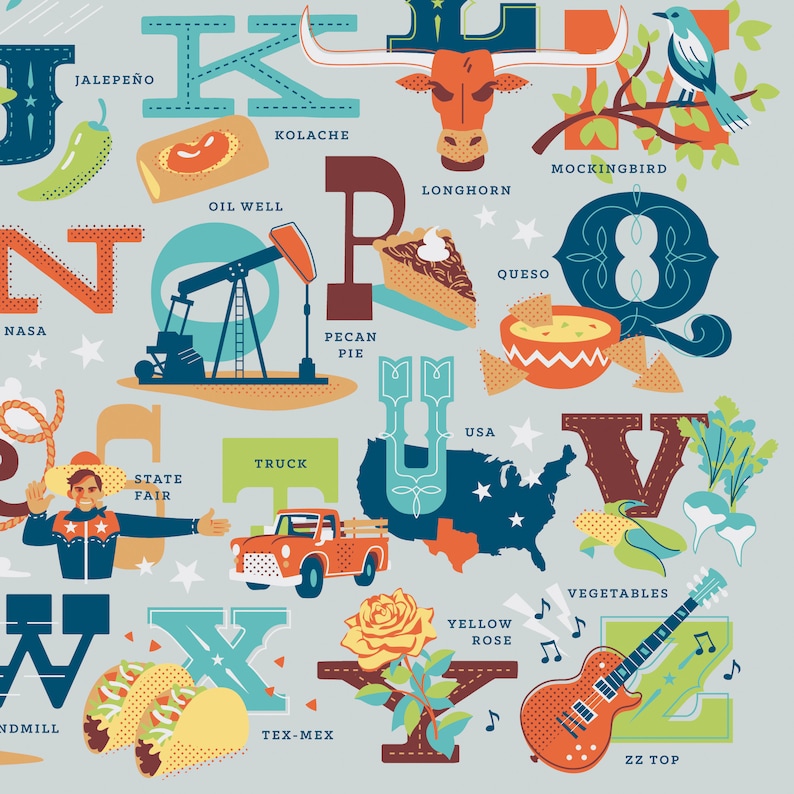 The Abcs of Texas Texas Alphabet Texas ABC Art Print - Etsy