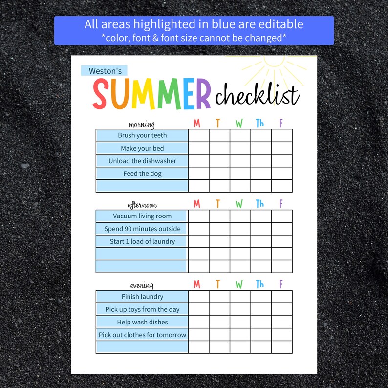 Kids Summer Daily Checklist | Chore Chart for Kids | Summer Rules ...