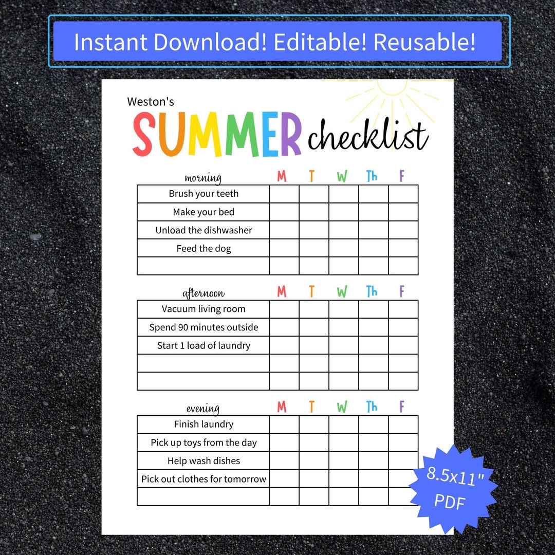 Kids Summer Daily Checklist | Chore Chart for Kids | Summer Rules ...