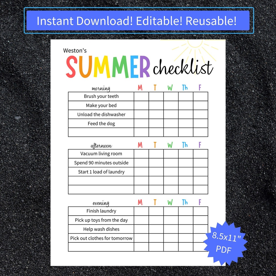 Kids Summer Daily Checklist | Chore Chart for Kids | Summer Rules ...
