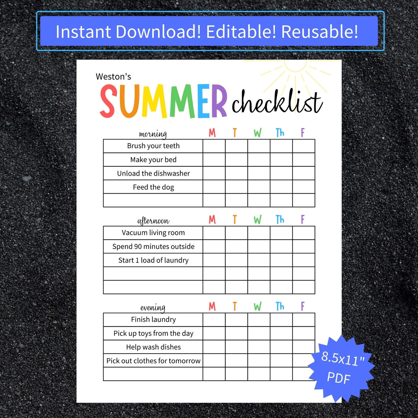 Kids Summer Daily Checklist | Chore Chart for Kids | Summer Rules ...