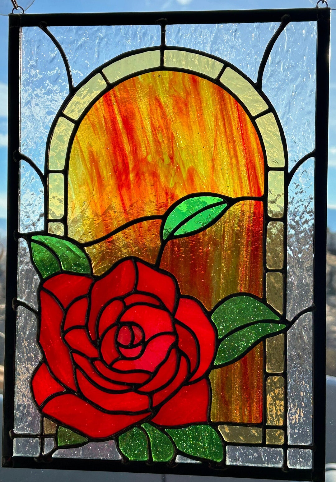 Cathedral Red Rose Stained Glass Panel. - Etsy