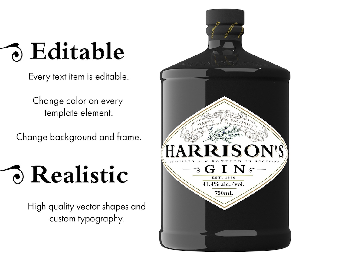 Customizable Gin Label Template: Realistic Vector Design (instant ...