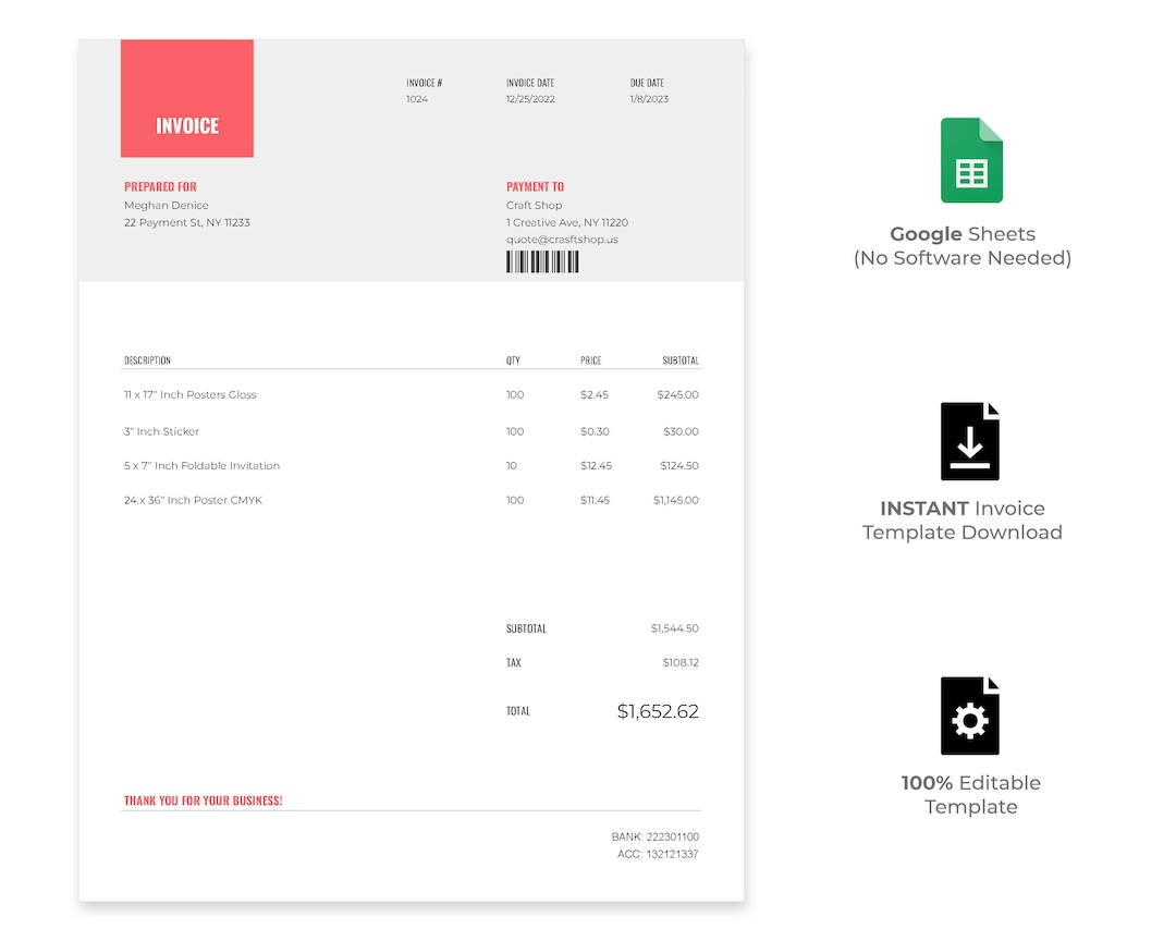 Google Sheets Invoice Template. Clean Invoice Design, Business Invoice ...