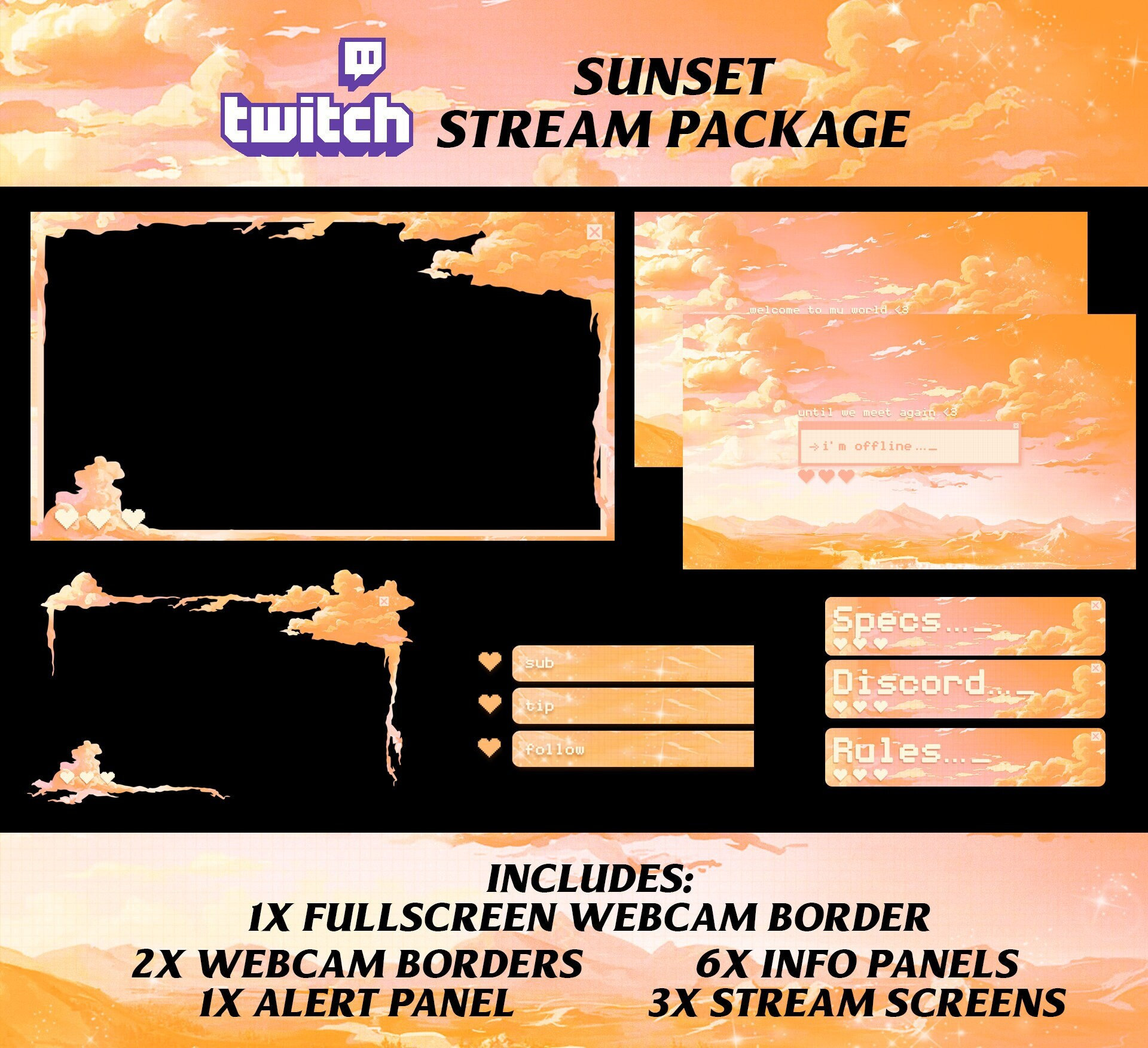 Sunset Complete Stream Overlay Package for Twitch | Kawaii Orange Star ...
