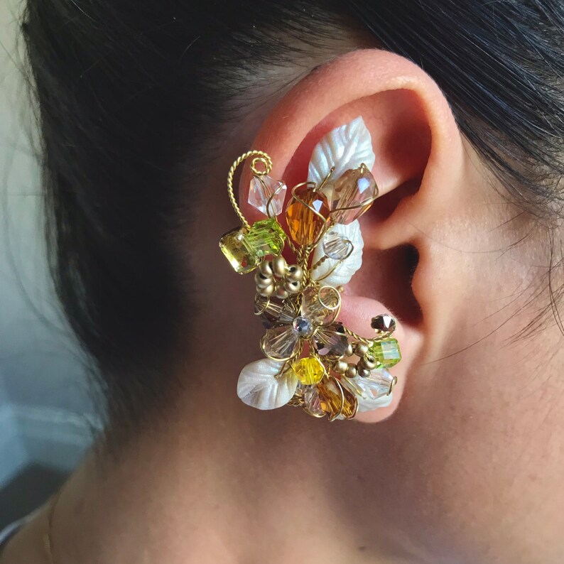 Floral Ear Cuff Flower White Leaf Leaves Polymer Clay Wrap Non Piercing Earrings Bridal Wedding ...