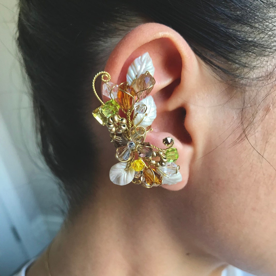 Floral Ear Cuff Flower White Leaf Leaves Polymer Clay Wrap Non Piercing Earrings Bridal Wedding ...