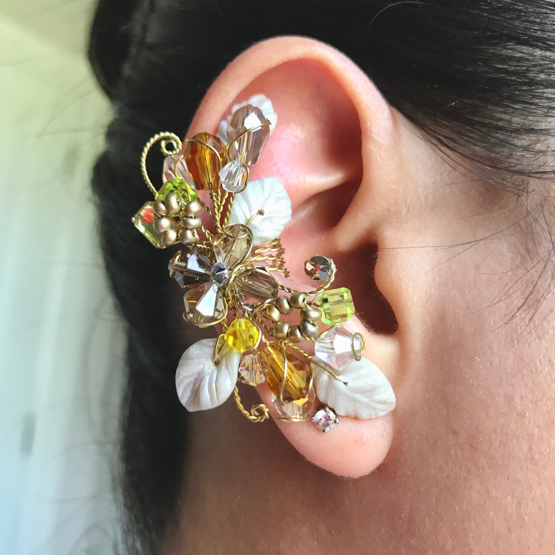 Floral Ear Cuff Flower White Leaf Leaves Polymer Clay Wrap Non Piercing ...