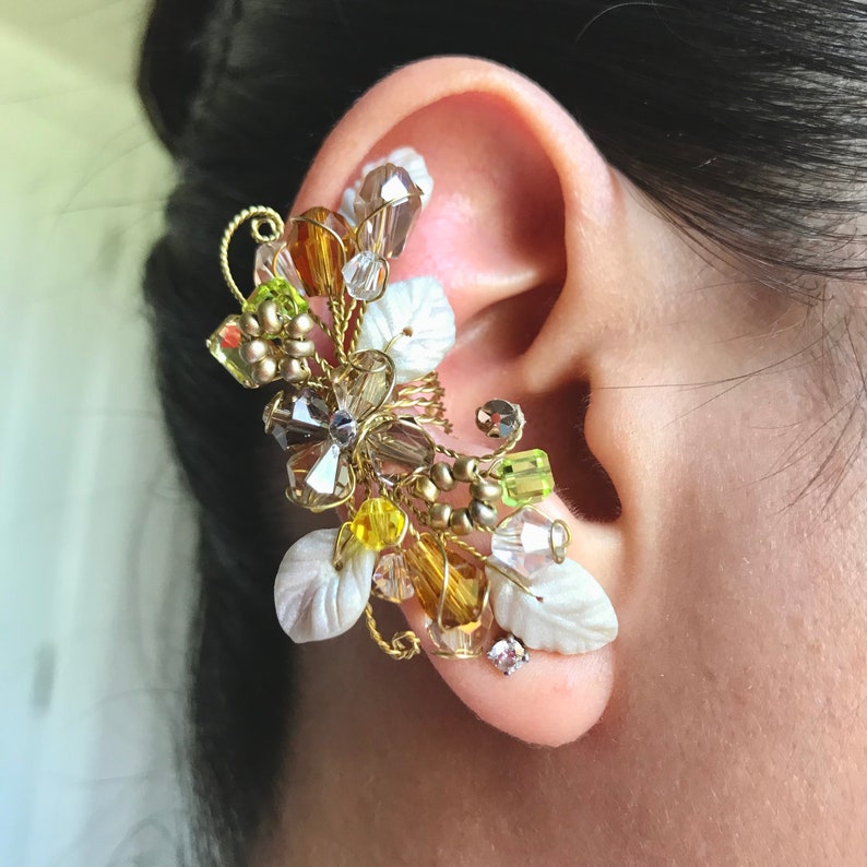 Floral Ear Cuff Flower White Leaf Leaves Polymer Clay Wrap Non Piercing Earrings Bridal Wedding ...