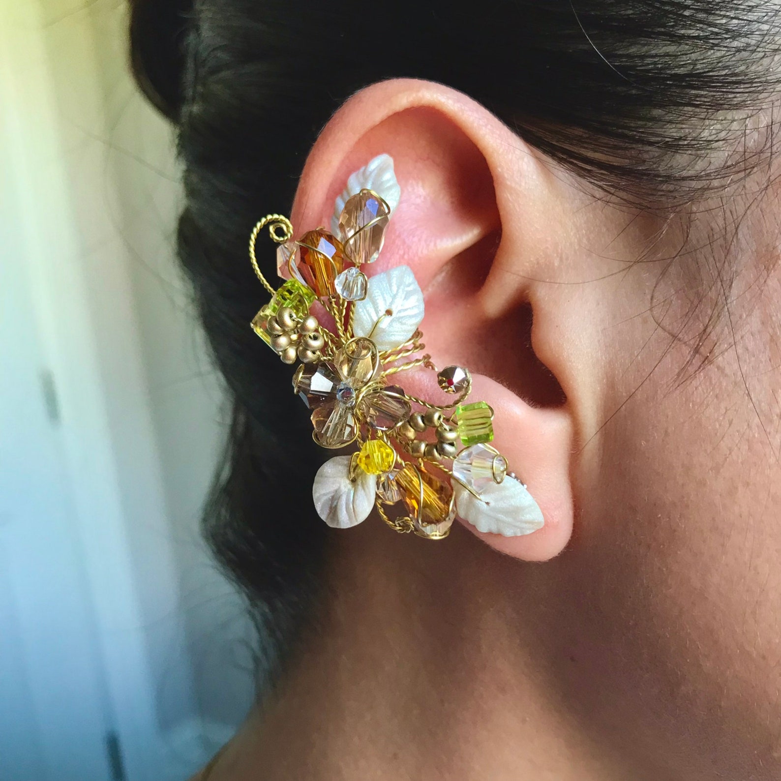 Floral Ear Cuff Flower White Leaf Leaves Polymer Clay Wrap Non Piercing ...