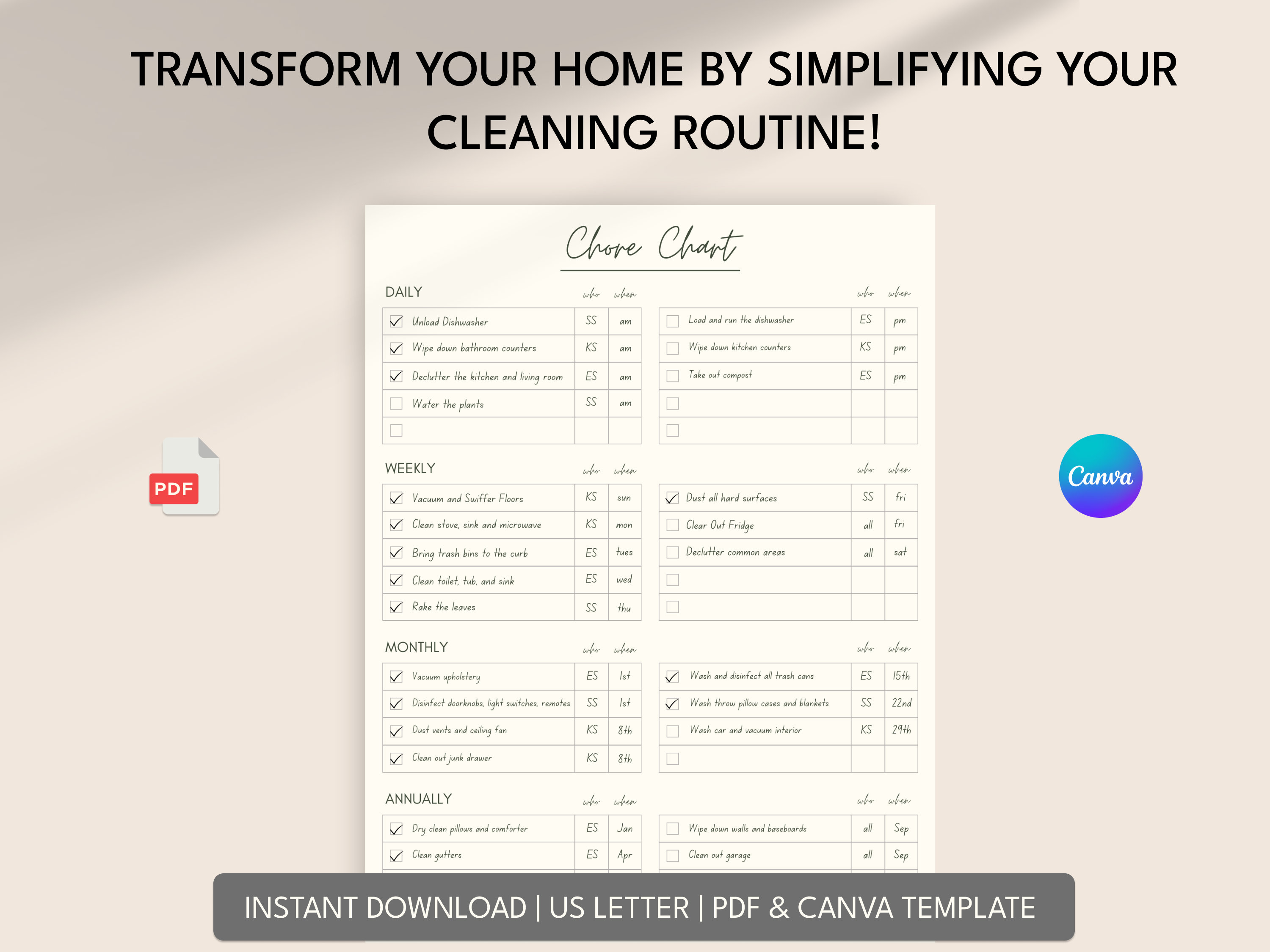 Adult Chore Chart | Printable Cleaning Schedule | Editable ADHD ...
