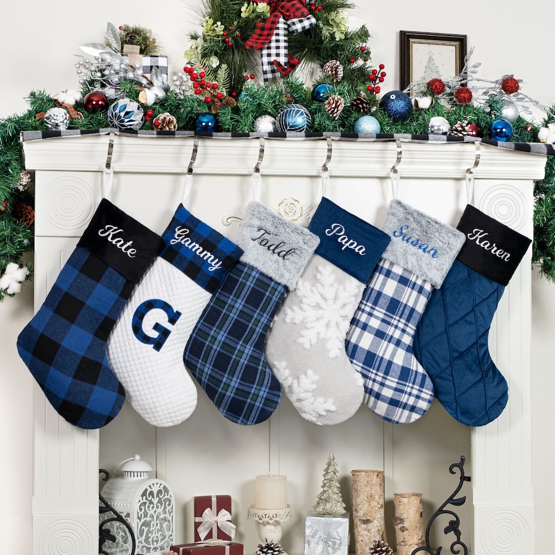 Christmas Stockings Personalized Holiday Stockings Blue Plaid Stocking ...