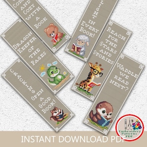 Set of 6 Funny Bookmarks Cross Stitch Pattern Cute Animals Bookmark ...