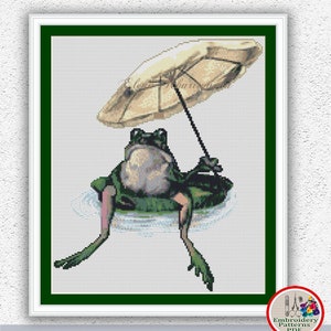 Frog Counted Cross Stitch Pattern Cute Frog With Umbrella Xstitch Chart ...