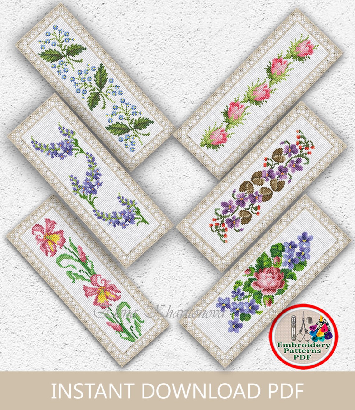 Set of 6 Floral Bookmarks Cross Stitch Pattern Flowers Bookmark Sampler ...