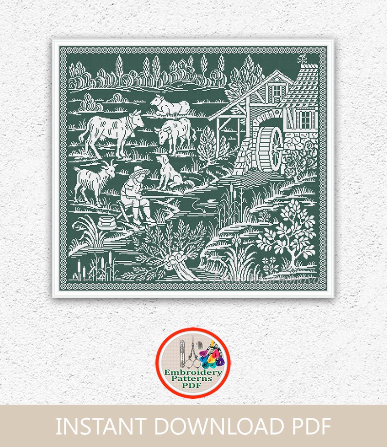 Farmhouse Animals Cross Stitch Pattern Monochrome Sampler Barnyard ...