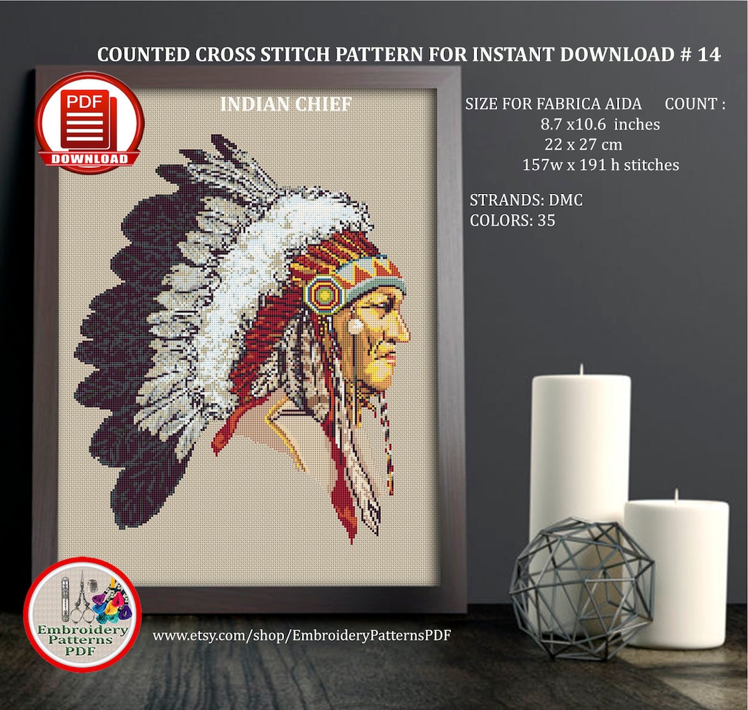 Native American Indian Chief Counted Cross Stitch Pattern Indian Chief ...