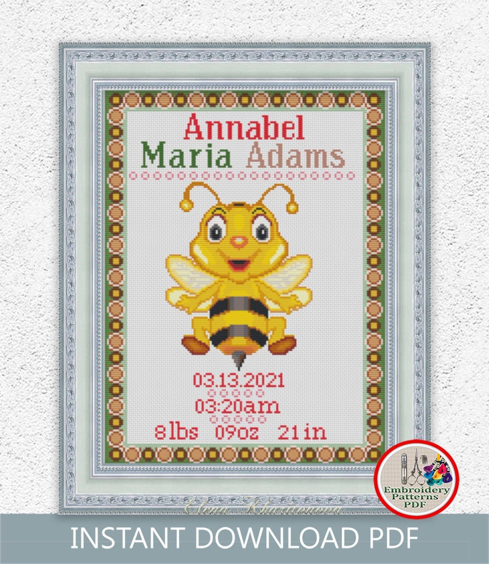 Baby Bee Birth Sampler Cross Stitch Pattern Personalized Birth ...
