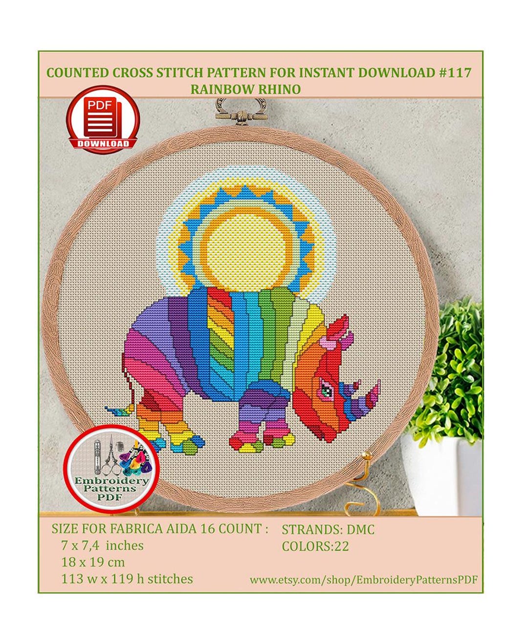 Geometric Rhinoceros Cross Stitch Pattern Animal Cross Stitch Colorful ...