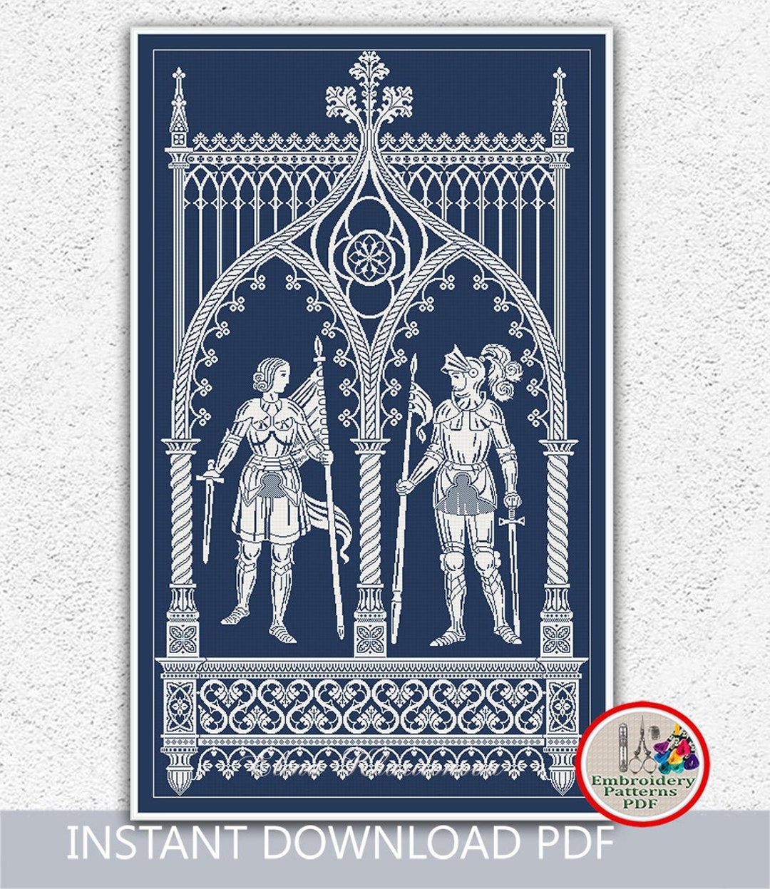 Knights Counted Cross Stitch Pattern Antique Monochrome Sampler ...