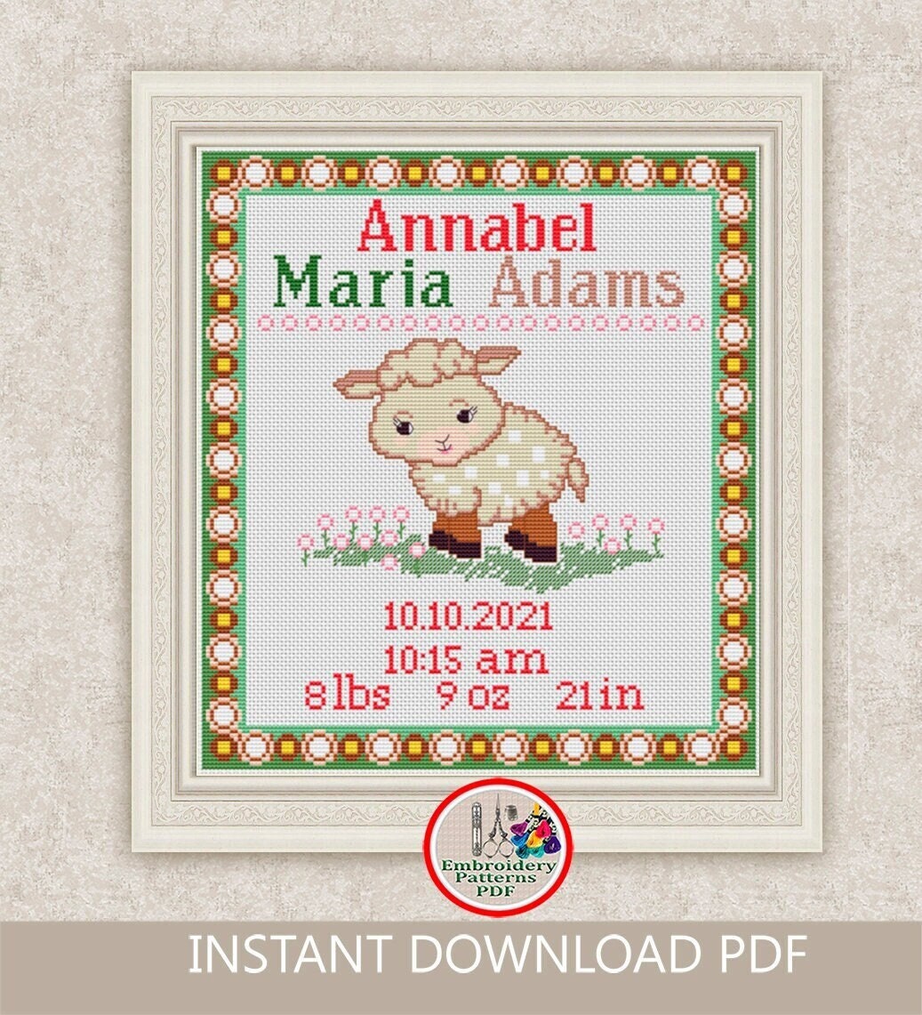 Personalized Baby Birth Sampler Cross Stitch Pattern Cute Baby Sheep ...