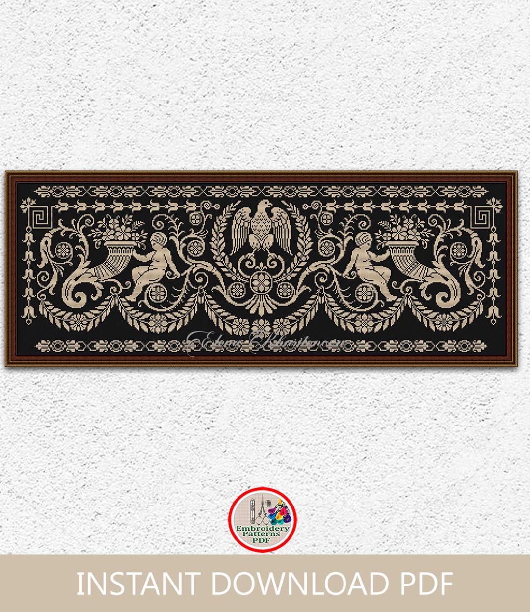 Antique Monochrome Sampler Counted Cross Stitch Pattern Vintage Floral ...