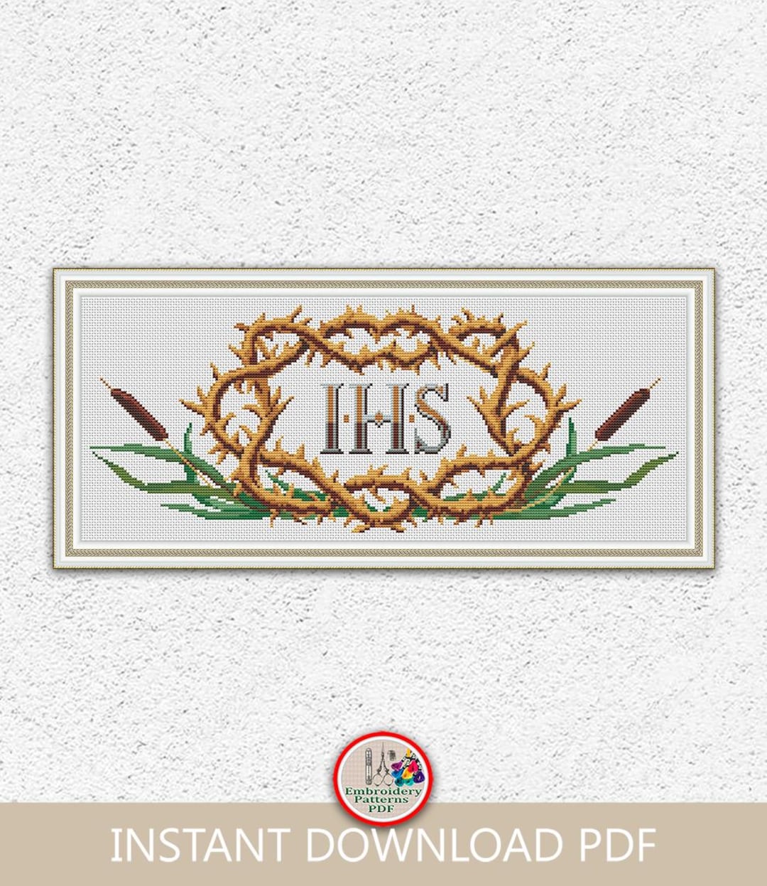 Christian Cross Stitch Pattern Crown of Thorns IHS Monogram Counted ...