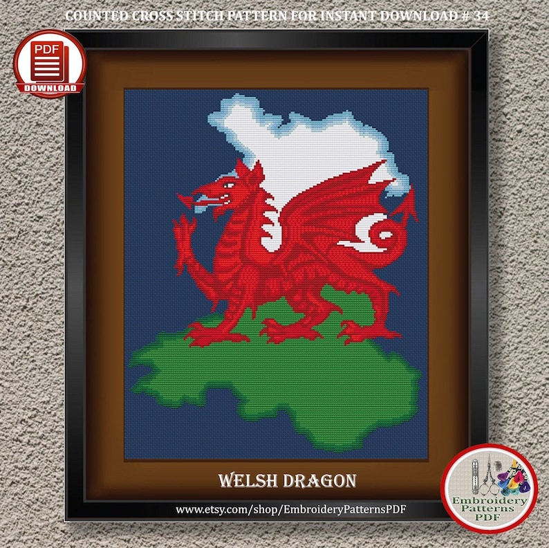 Welsh Dragon Counted Cross Stitch Pattern Y Ddraig Goch Red Dragon ...