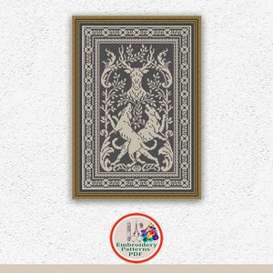 Hunting Monochrome Sampler Cross Stitch Pattern Deer and Hound Dogs ...