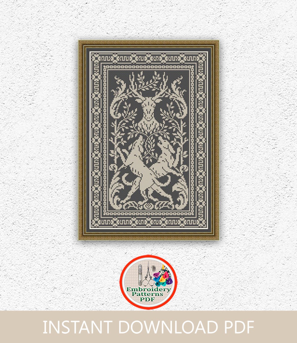 Hunting Monochrome Sampler Cross Stitch Pattern Deer and Hound - Etsy