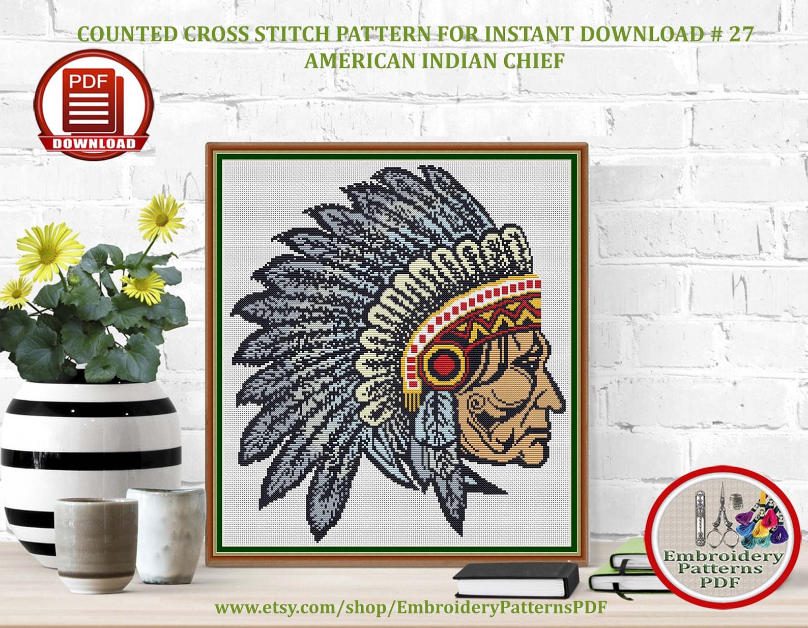 Indian Chief Cross Stitch Pattern Native American Indian Chief ...