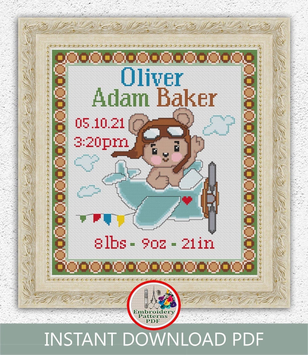 Custom Baby Birth Sampler Counted Cross Stitch Pattern Baby Bear Flying ...