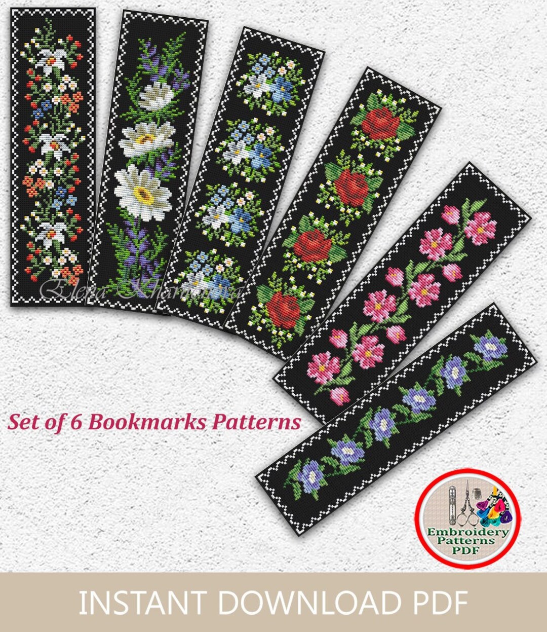 Set of 6 Flower Bookmarks Cross Stitch Pattern Floral Bookmark Sampler ...