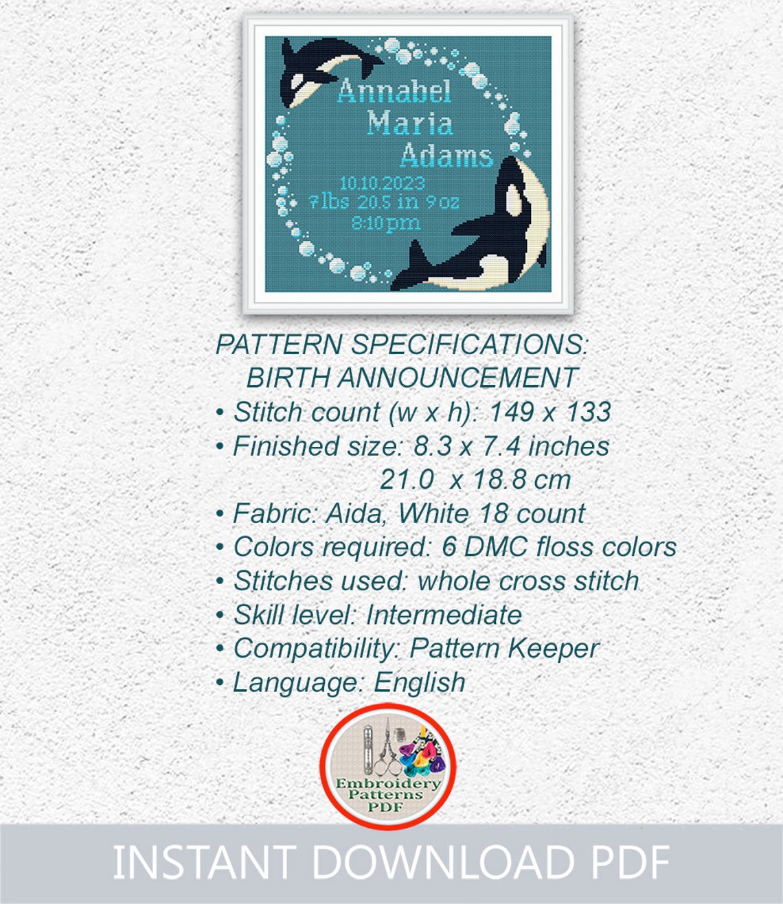 Custom Baby Birth Sampler Cross Stitch Pattern Bubbles Whales Orca ...