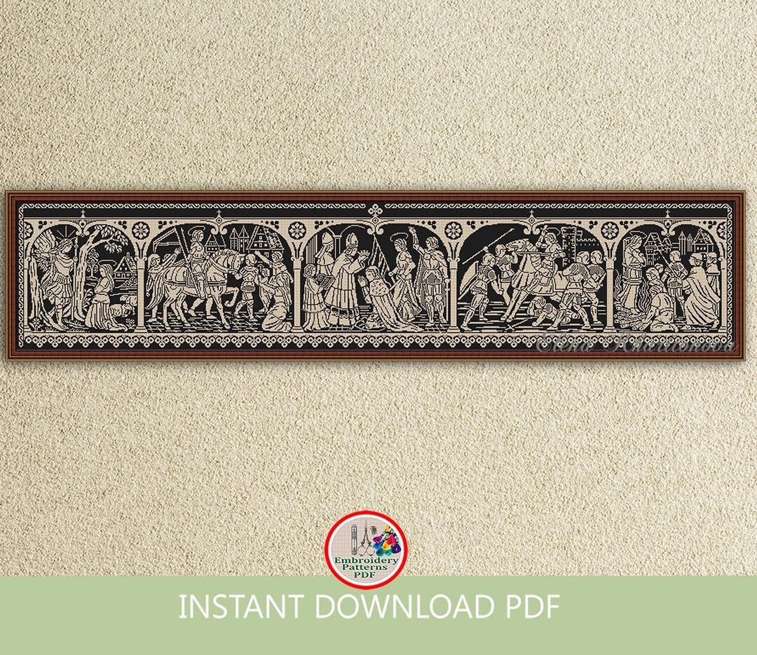Medieval Monochrome Sampler Cross Stitch Pattern Joan of Arc Embroidery ...