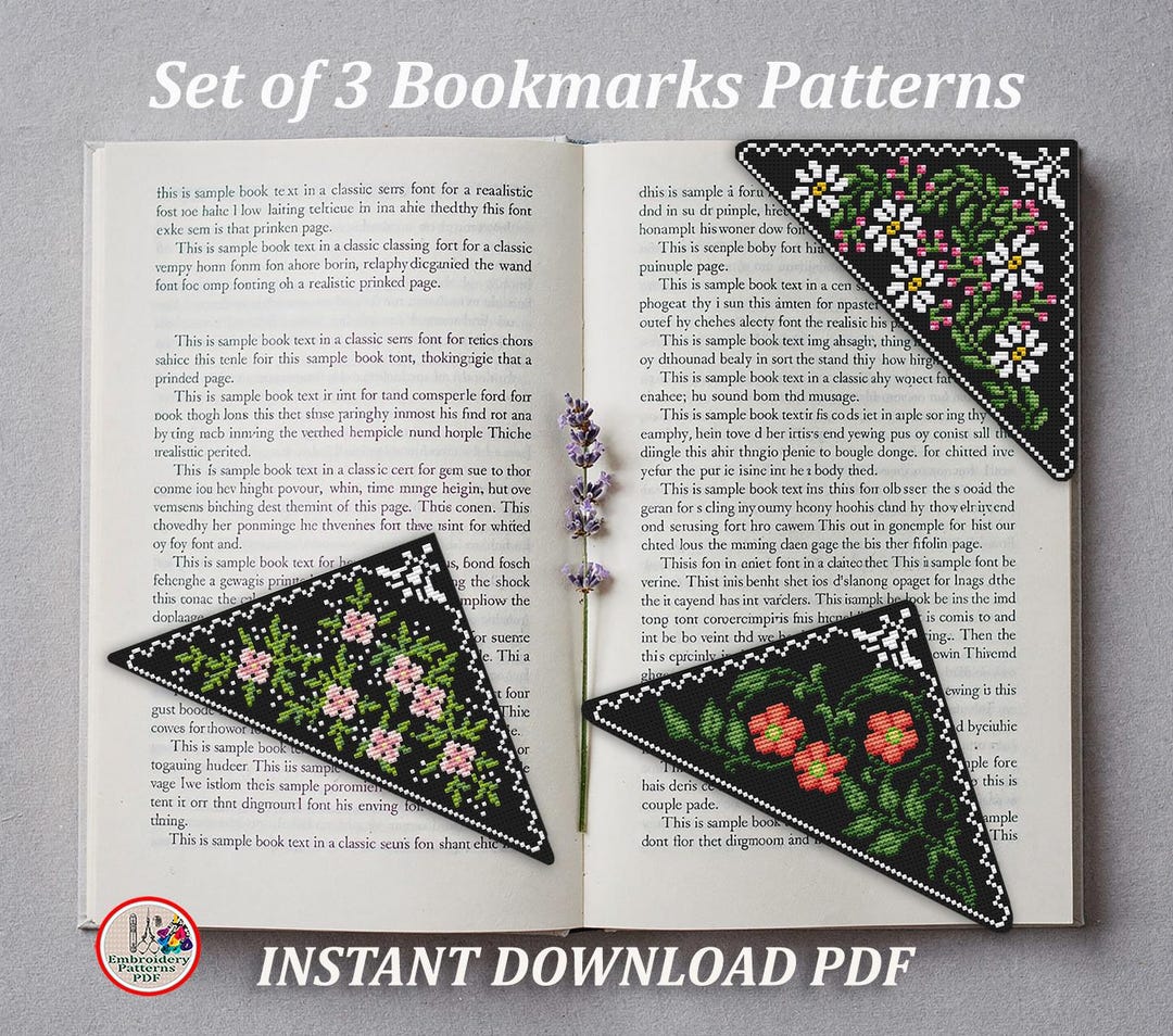 Set of 3 Corner Bookmarks Cross Stitch Pattern Floral Samplers Counted ...