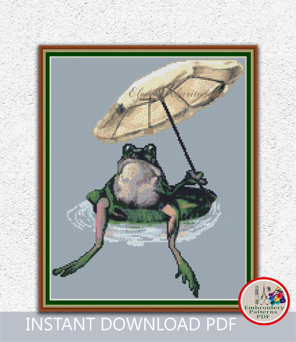 Frog Counted Cross Stitch Pattern Cute Frog With Umbrella Xstitch Chart ...