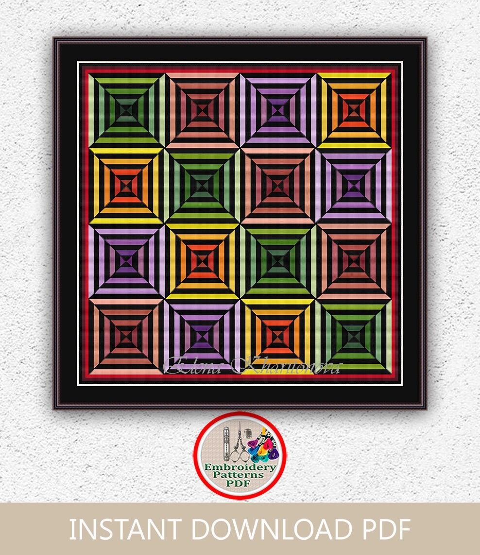 Colorful Optical Squares Counted Cross Stitch Pattern Optical Illusion ...