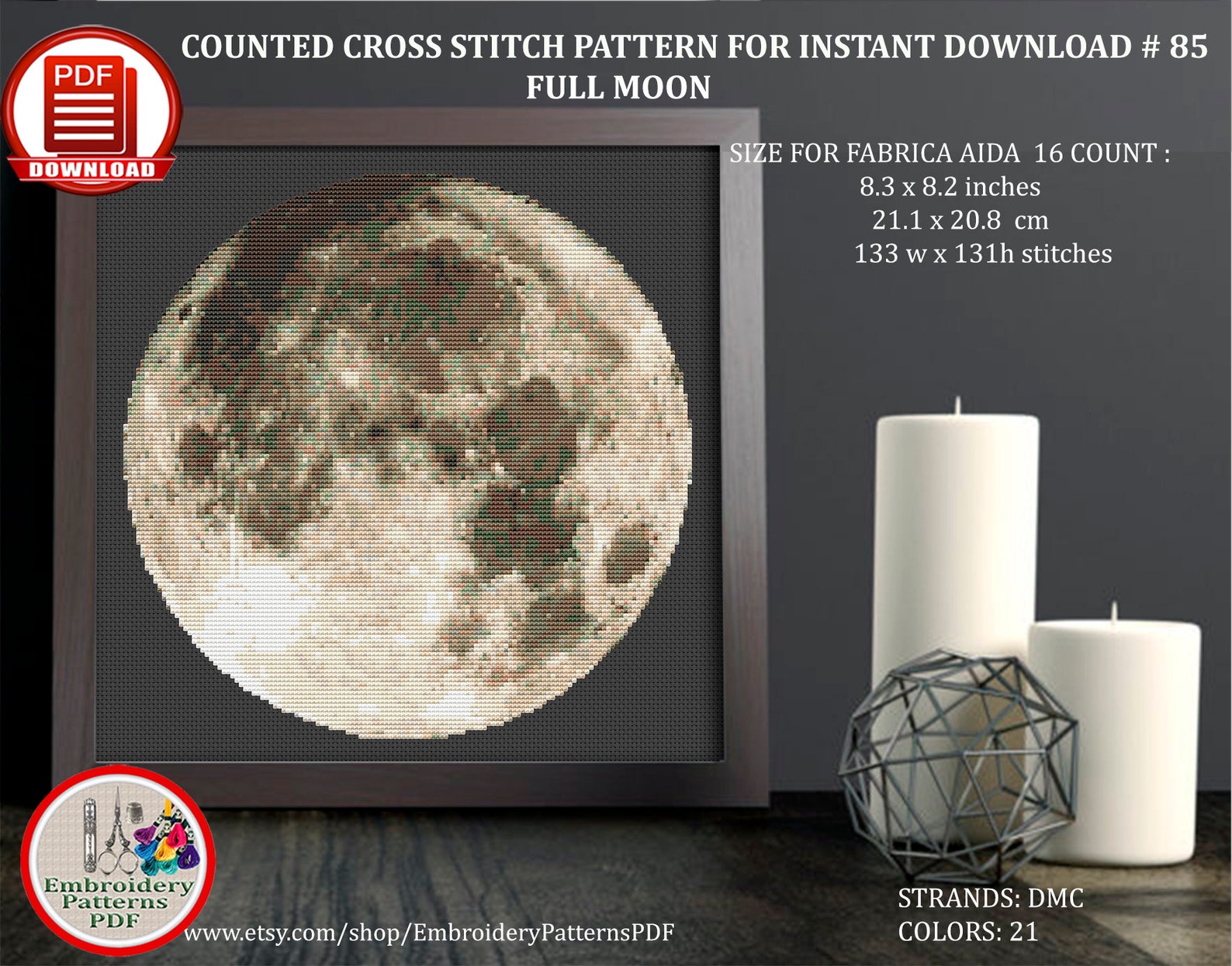 Full Moon Counted Cross Stitch Pattern Galaxy Night Sky Embroidery ...