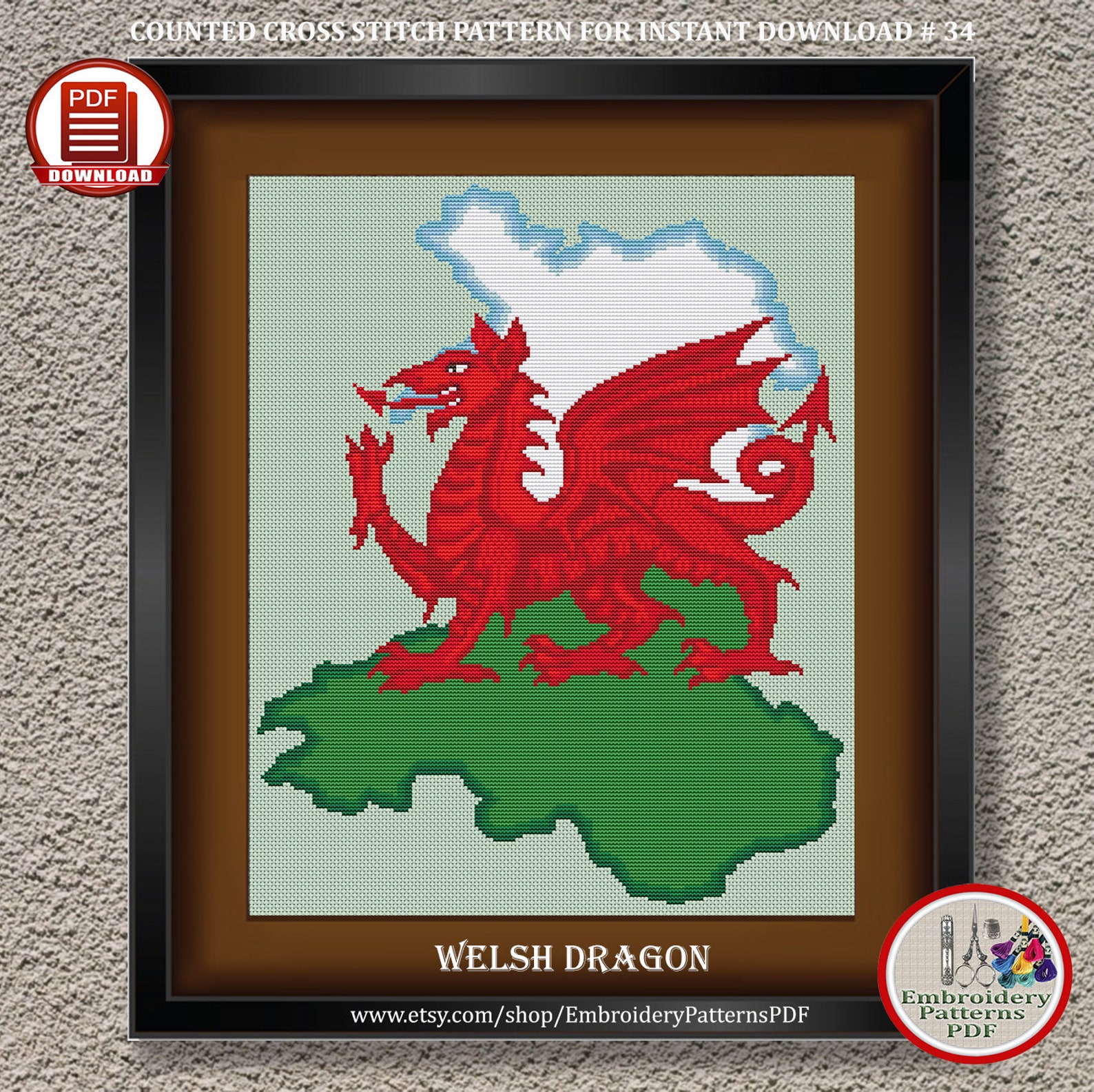 Welsh Dragon Counted Cross Stitch Pattern Y Ddraig Goch Red Dragon ...