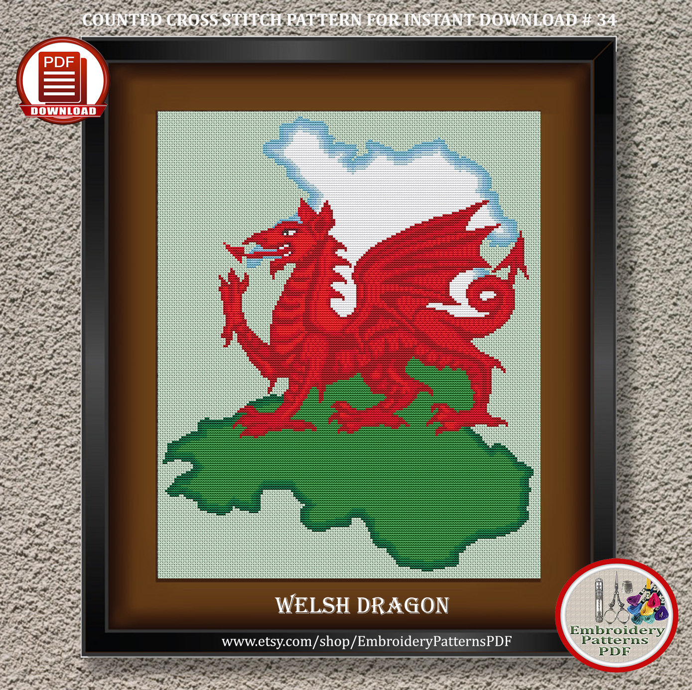 Welsh Dragon Counted Cross Stitch Pattern Y Ddraig Goch Red - Etsy