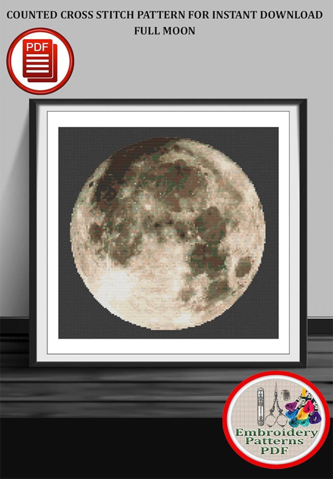 Full Moon Counted Cross Stitch Pattern Galaxy Night Sky Embroidery ...