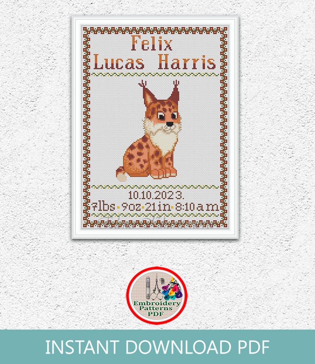 Custom Lynx Baby Birth Sampler Cross Stitch Pattern Nursery Wall Decor ...