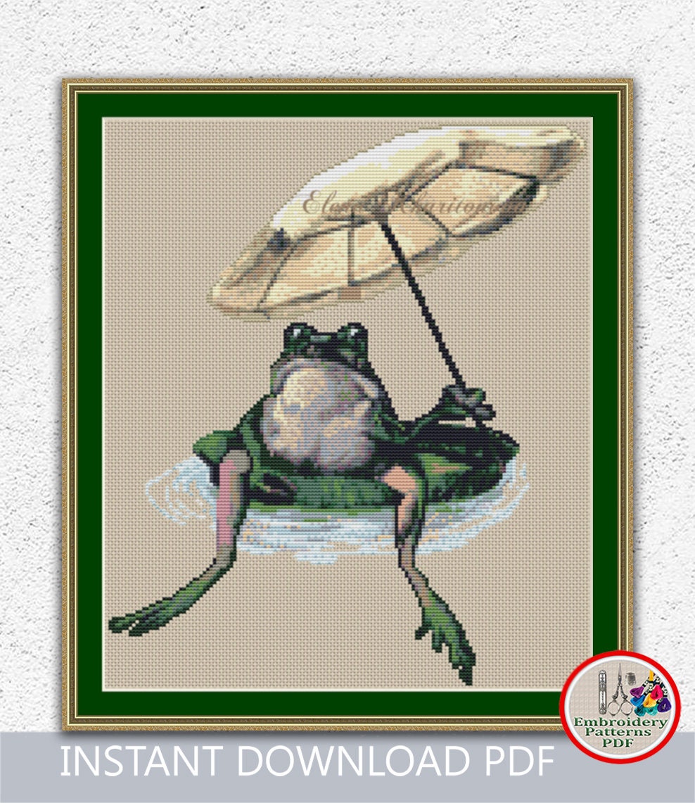 Frog Counted Cross Stitch Pattern Cute Frog With Umbrella Xstitch Chart ...