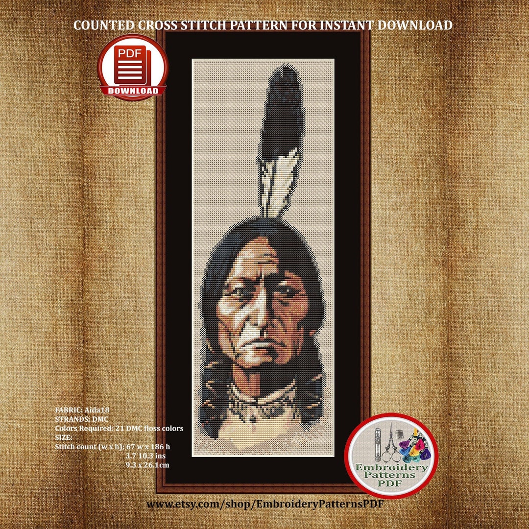 Indian Chief Portrait Counted Cross Stitch Pattern Native American ...