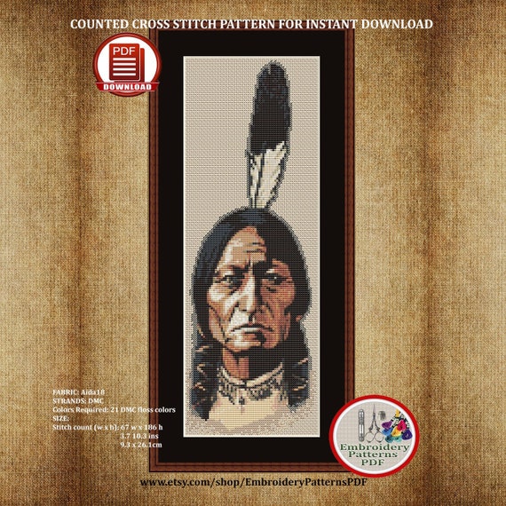 Indian Chief Portrait Counted Cross Stitch Pattern Native - Etsy