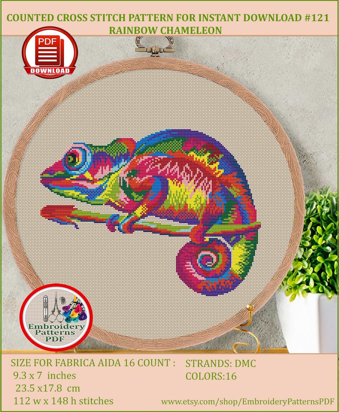 Colorful Chameleon Cross Stitch Pattern Rainbow Reptile Embroidery ...